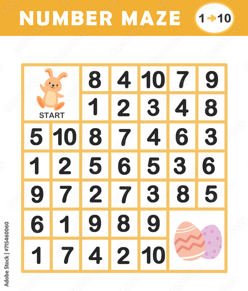 Number maze game for children with cute easter illustration. Help the ...