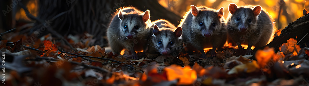 Opossum family in the forest with setting sun shining. Group of wild ...