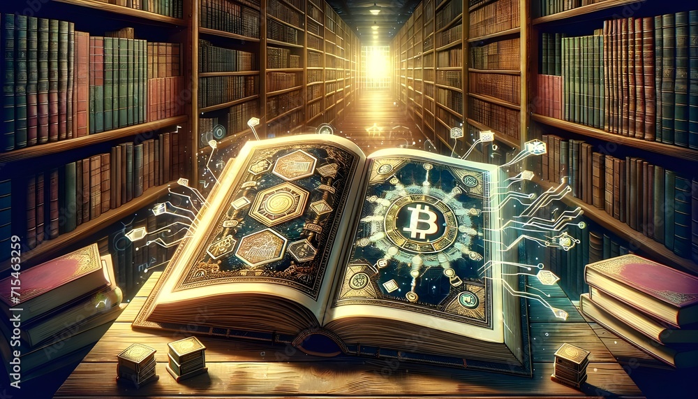 Blockchain and AI Infused Book in a Library An open book richly ...
