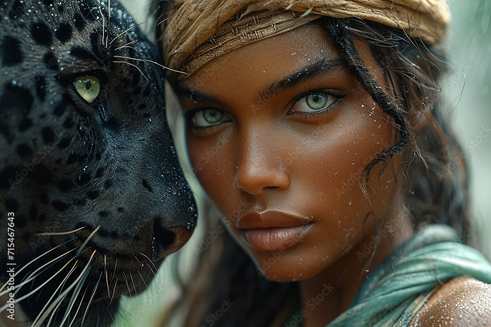 Beautiful African woman with green eyes next to jaguar in the jungle ...