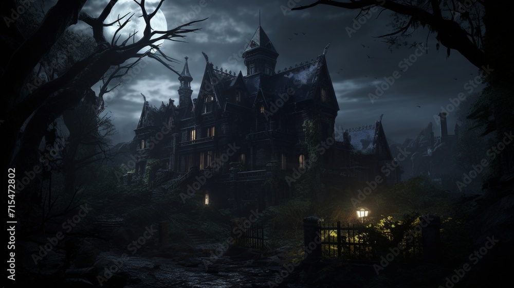 A desolate, creaking Victorian mansion with overgrown, thorny vines ...
