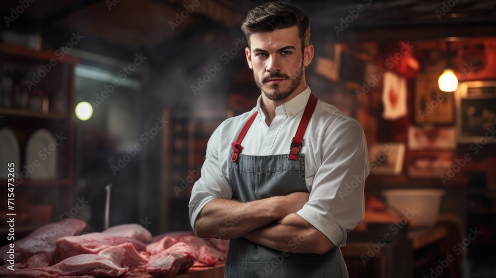 Portrait of handsome professional male butcher wear uniform, ready to ...