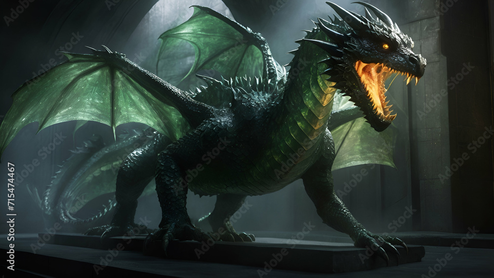 From the depths of a translucent tunnel, a dragon of emerald scales and ...