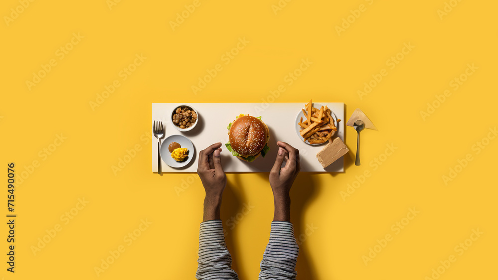 modern setup and art direction, person eating a burger on an empty ...