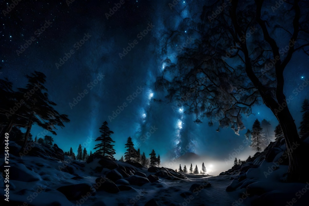 natural greenery in the dark night in the open blue sky shinning with ...