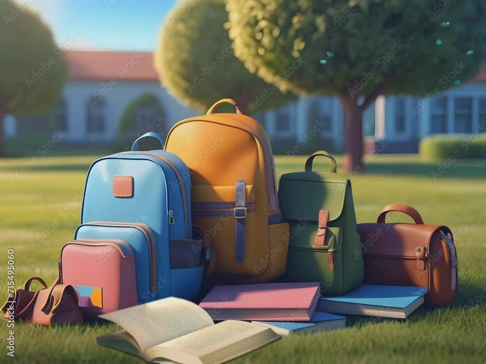 illustration of school bags and books in the school garden with a ...