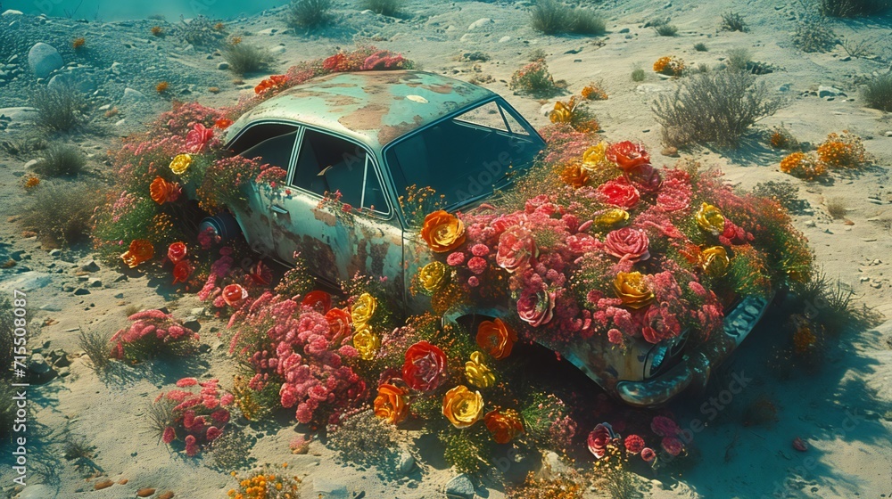 CG animation of an abandoned car in a desolate area, colorful flowers ...