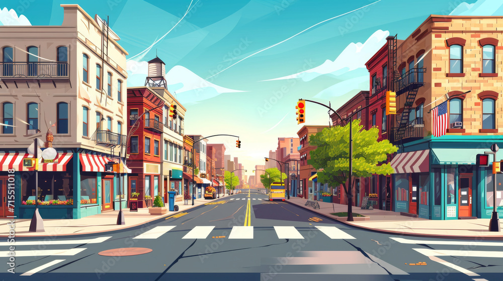 Urban street landscape with crossroad and traffic light buildings with ...