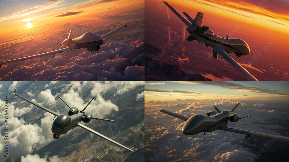 A modern military drone, a reconnaissance drone, a kamikaze drone, and ...