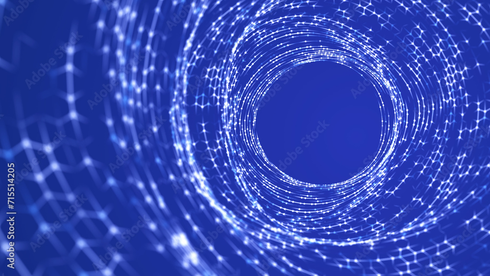 Digital binary data tunnel. Abstract connection of dots and lines on dark background. Concept of ...
