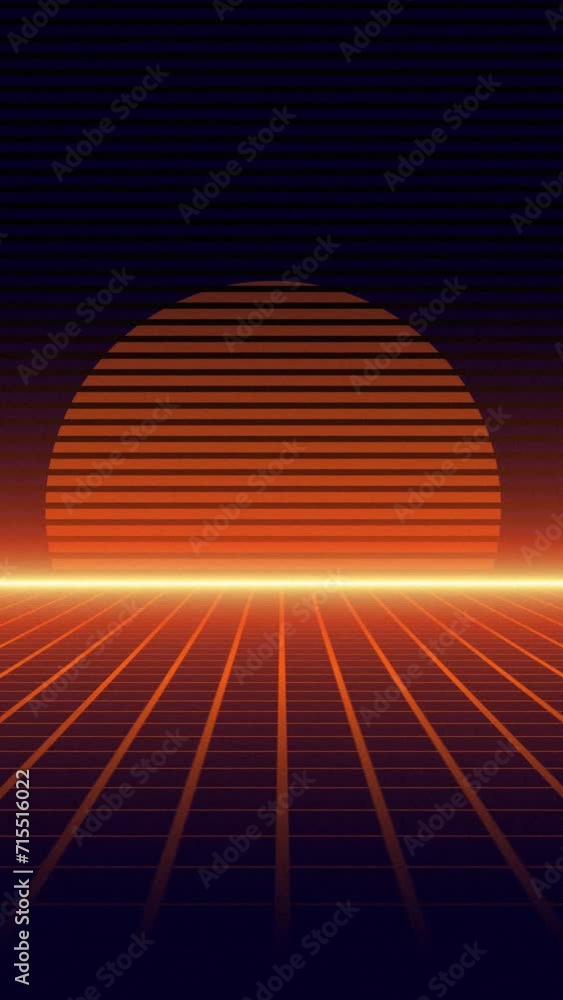 Glowing sci-fi retro cyberpunk sun with grid line motion. Retro Neon ...