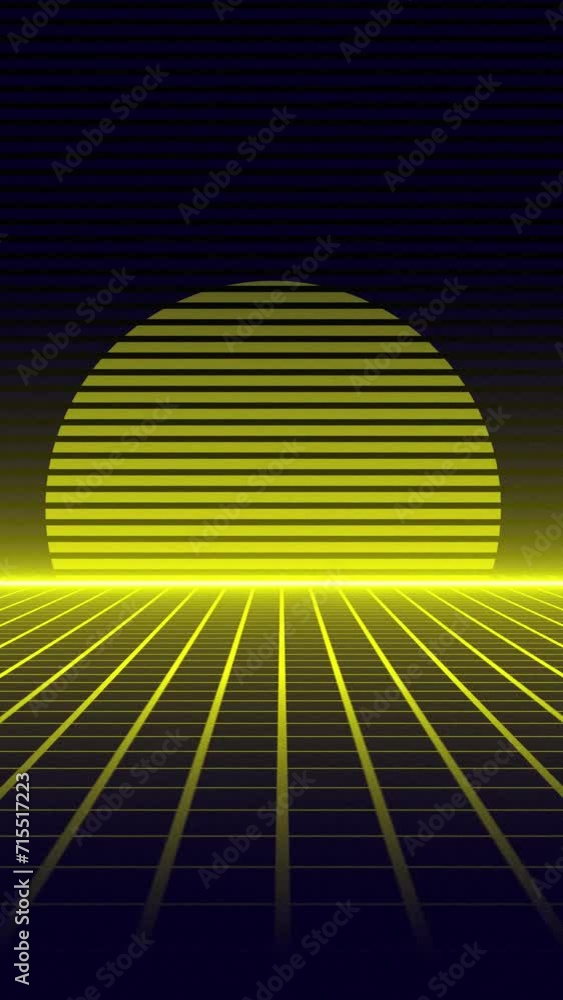 Glowing sci-fi retro cyberpunk sun with grid line motion. Retro Neon ...