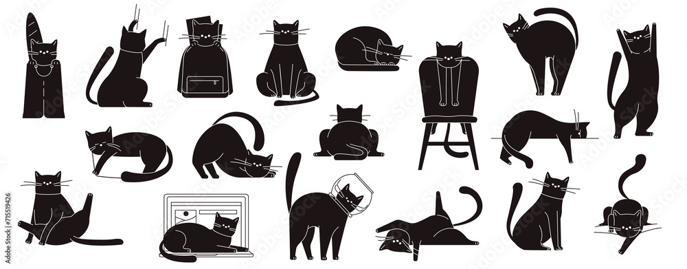 Vetor de Black cat poses. Cute kitty sitting and walking, funny fluffy ...