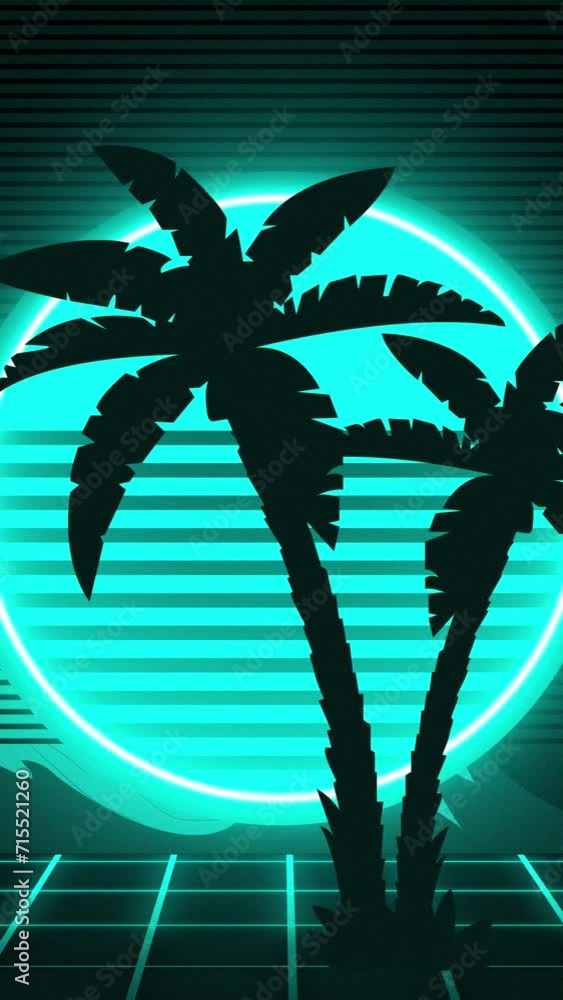 Palm tree over bright glowing neon sun, 80' retro style vibes animation ...