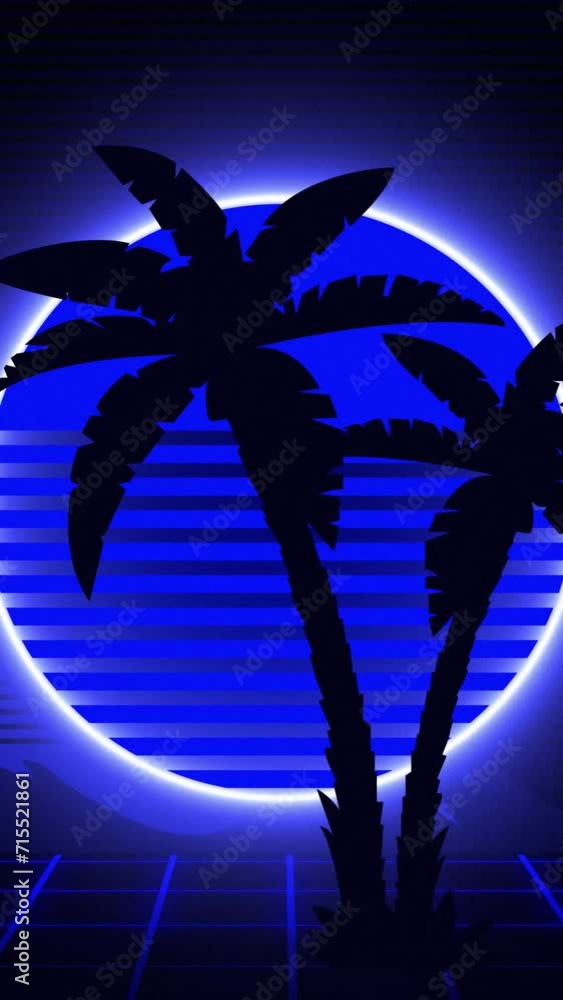 Palm tree over bright glowing neon sun, 80' retro style vibes animation ...