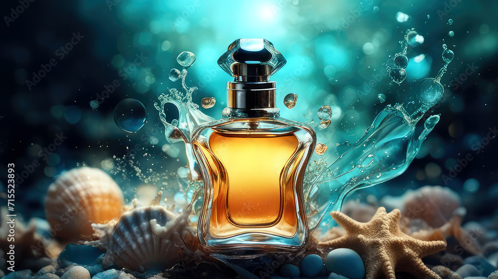 Perfume bottle under water of deep blue sea. Eau de parfum product as ...