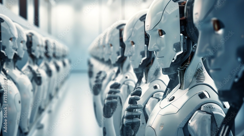 Row of robots in call center working as operators answering customer ...