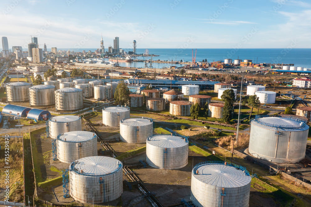 Aerial view of oil and gas terminal with steel storage tanks of oil and ...