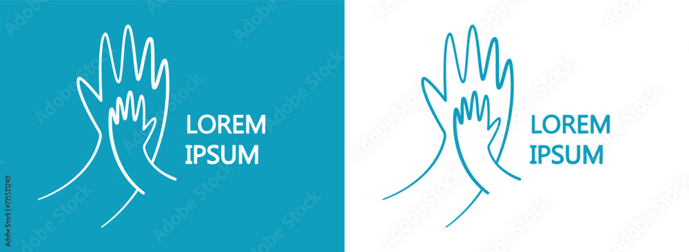Touching childs and adult hands. Linear drawing of two touching palms ...