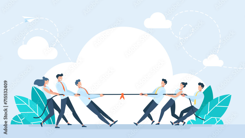 Two teams play pulling rope game. Business competition. People pull ...