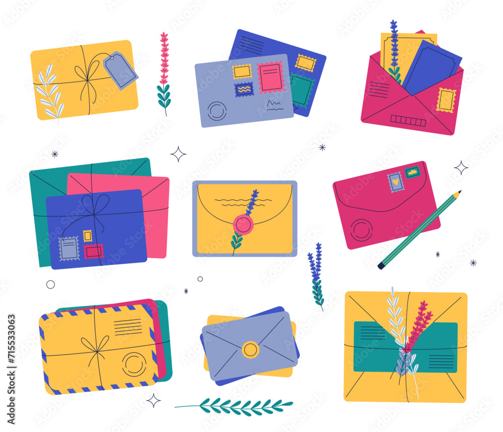 Cartoon mail envelopes. Letter with post stamps, wax seals and flowers ...