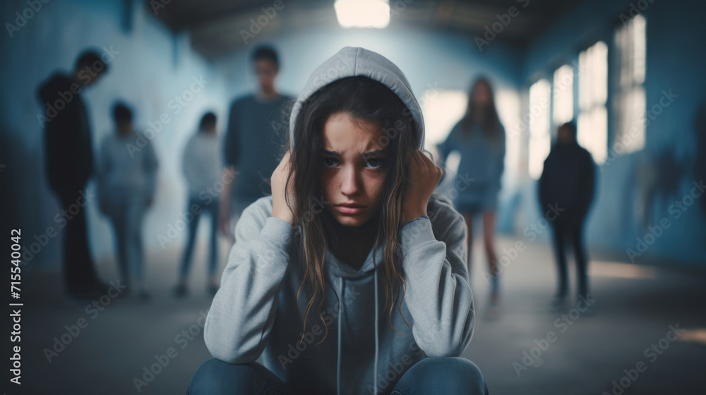 Young girl sitting alone, looking distressed with blurred figures in ...