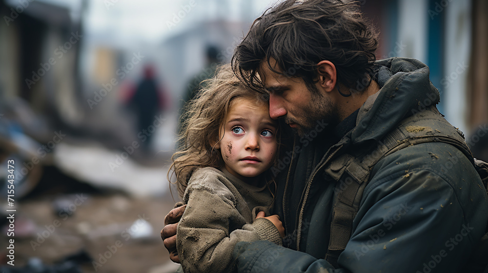 Soldier and children on battlefield background. Military and rescue ...