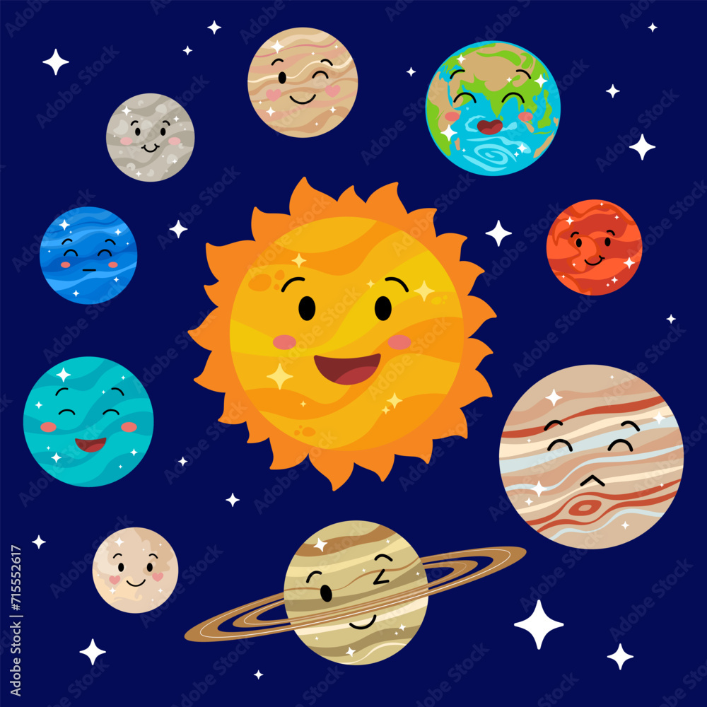 Cartoon planets. Solar system for kids. Galaxy. Mercury, Venus, Mars ...