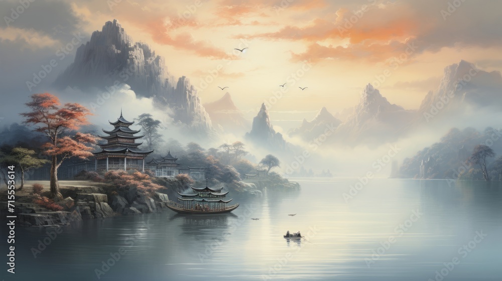 Traditional Chinese landscape painting, featuring majestic mountains ...