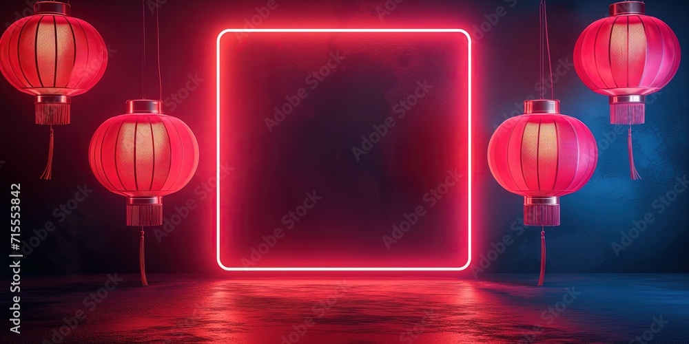 Lanterns Illuminated With Neon Red Light Square On Dark Square Frame ...