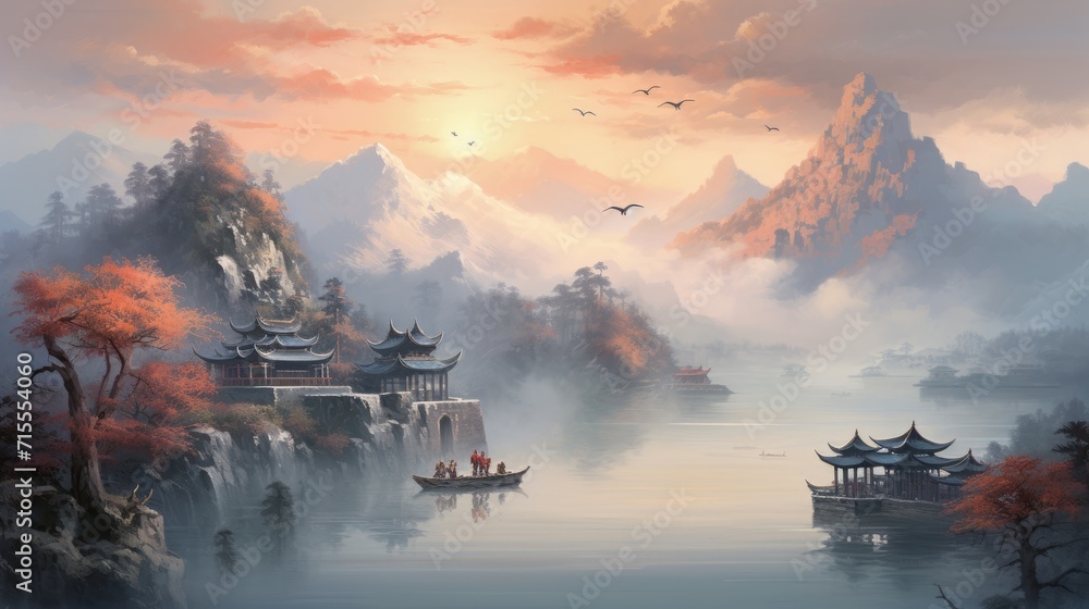 Traditional Chinese landscape painting, featuring majestic mountains ...