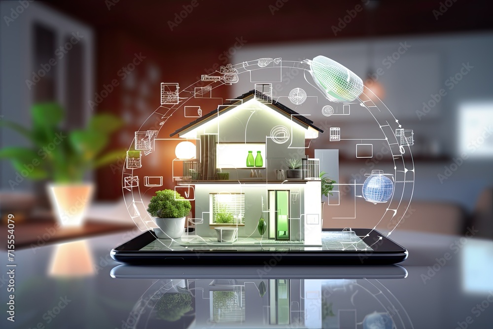 smart home setup. A modern living space equipped with smart home devices like smart lights, tv ...