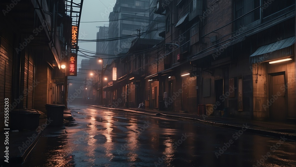 Dystopian dark alley way in cyberpunk city at sunset with buildings and ...