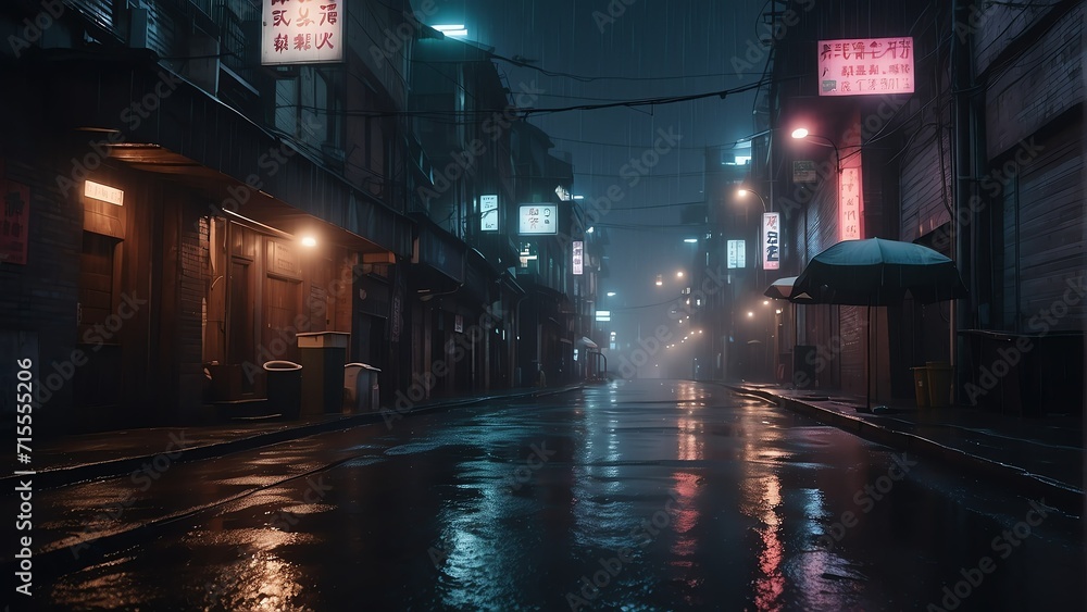 Dystopian dark alley way in cyberpunk city at night with buildings and ...