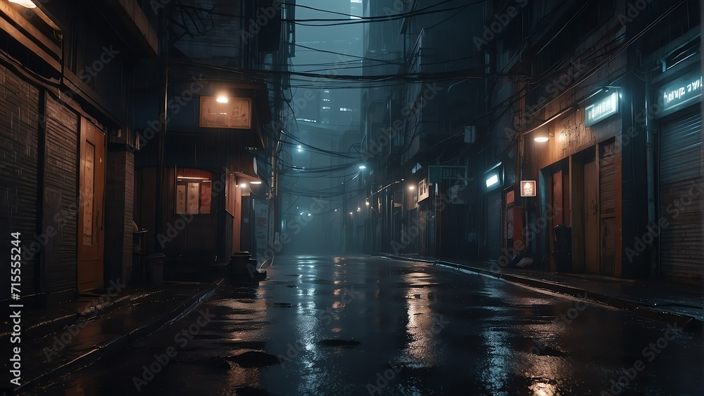 Dystopian dark alley way in cyberpunk city at night with buildings and ...
