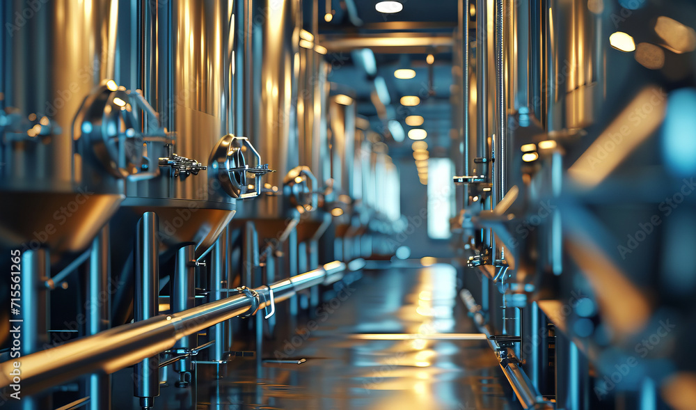 Modern beer factory, brewery concept. Steel tanks and pipes for beer ...
