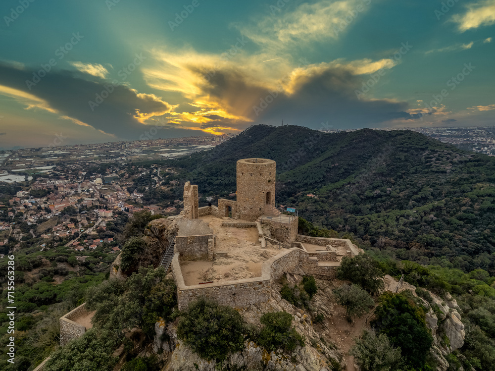 Aerial sunset view of the remains of a small, 11th-century Burriac ...
