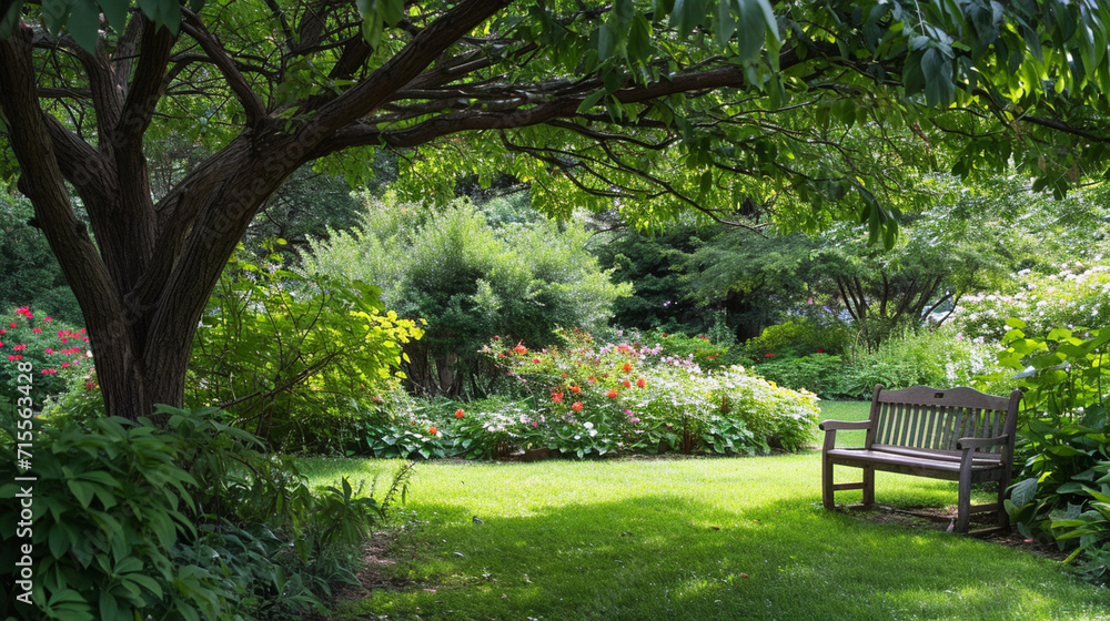 A serene garden setting with a mulberry tree providing shade, its ...