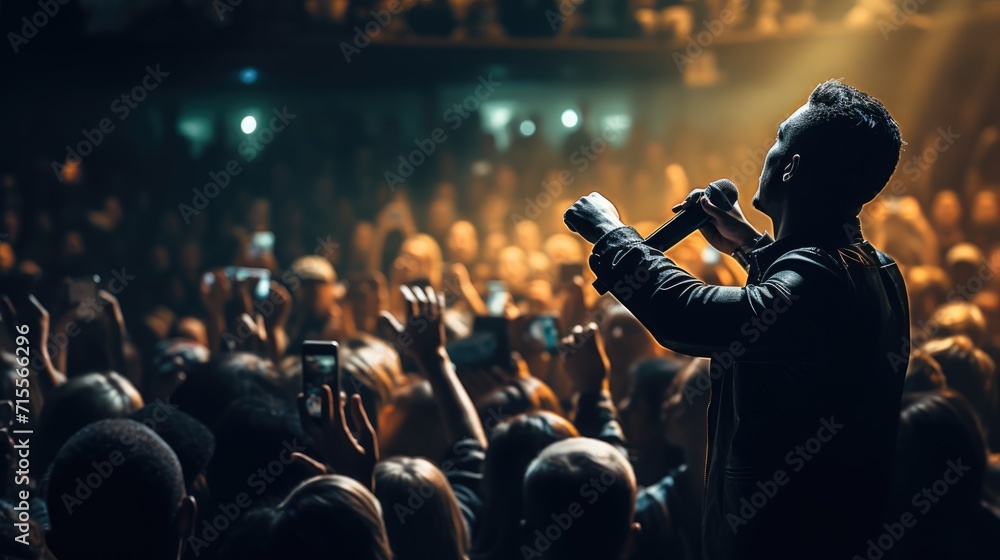 Unrecognizable singer male ่joyfully standing on stage in concert with ...