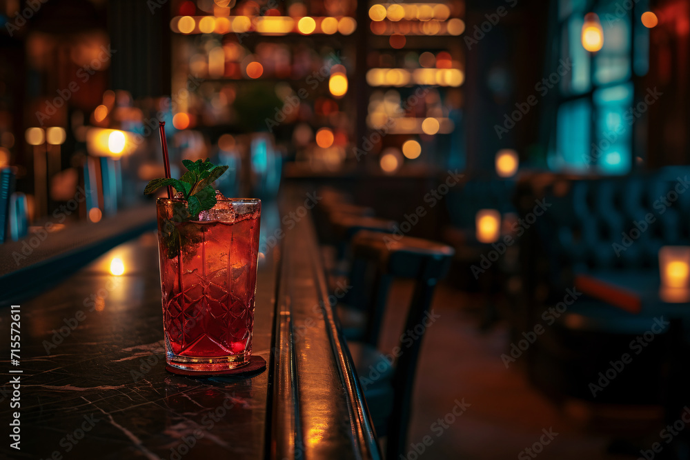 Colorful cocktails in a glass on the bar counter, neon lights on dark ...