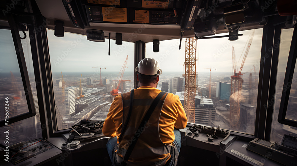 Profession crane operator. A man in a special uniform and a helmet on ...