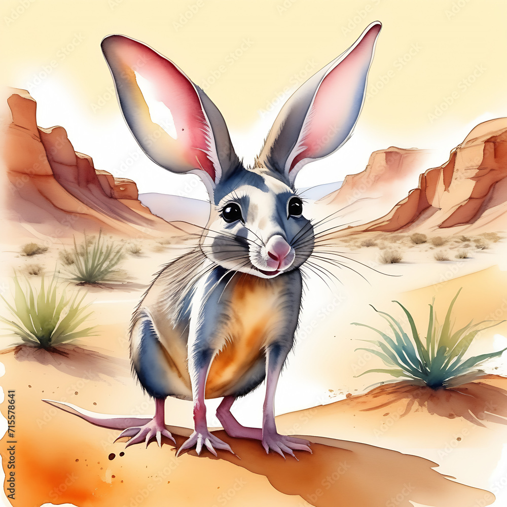 Watercolor realistic Australian rabbit bandicoot on vast desert ...