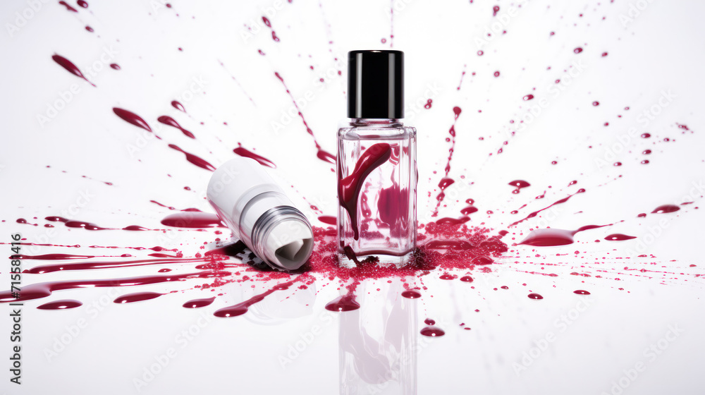 Fine art cosmetics and beauty image of vivid red nail varnish spilled ...