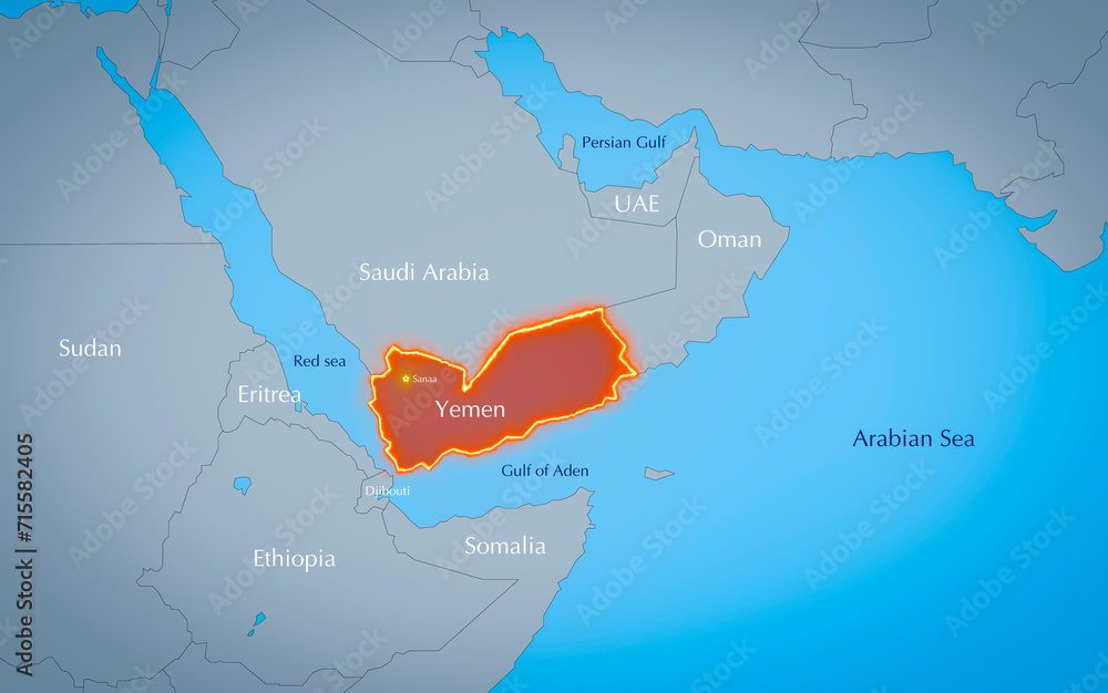 Map of Yemen and surrounding countries, conflict in the Red Sea. Stock ...