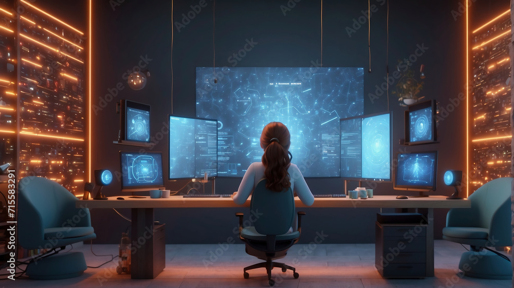 Teenage girl sitting in large room with computer consoles, monitors ...