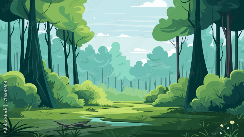 Vector illustration of a tranquil forest scene with trees and foliage ...