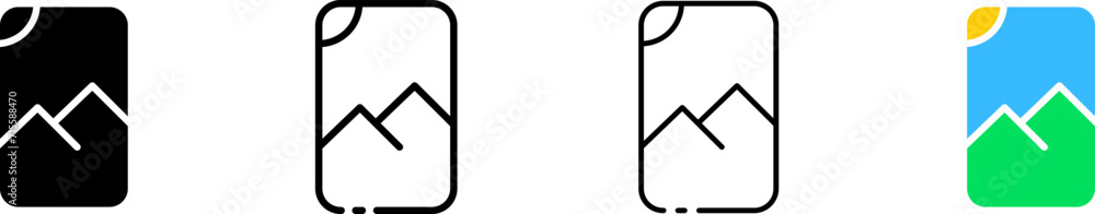 Gallery button icons. Different styles, icon with landscape in the sun ...