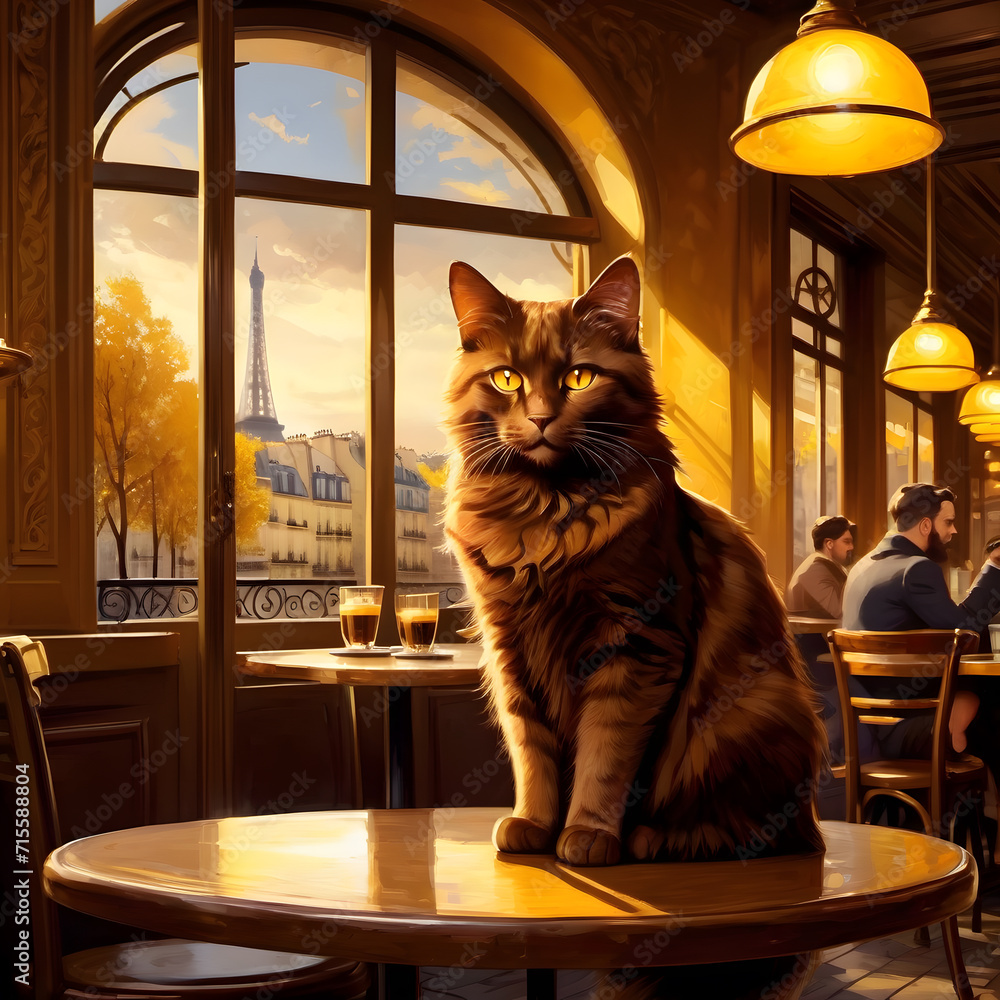 A charming young cat with fluffy orange and black fur sits on a table ...