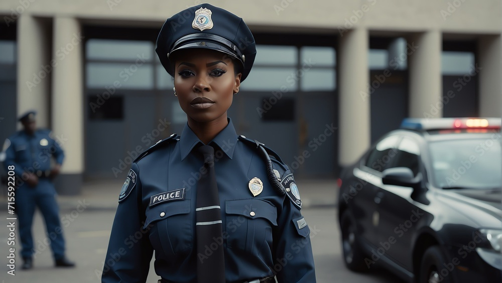 Portrait of a beautiful black african police woman on uniform on a ...