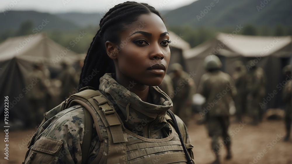 Portrait of a beautiful black african female soldier wearing camouflage ...